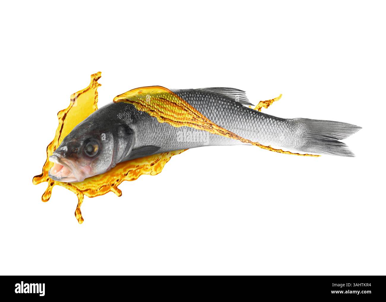 Fresh fish in oil splash on white background Stock Photo - Alamy