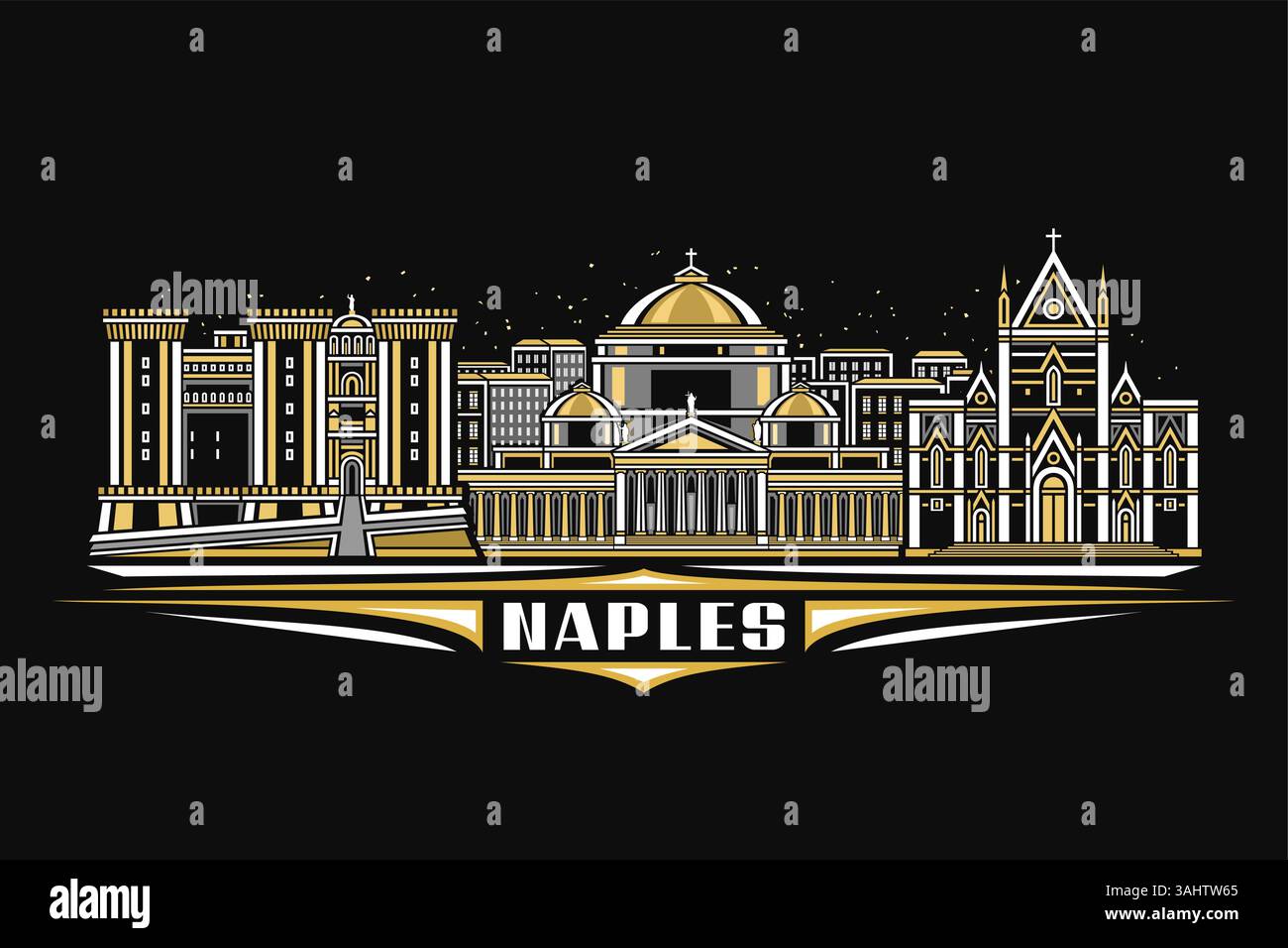 Vector illustration of Naples, dark horizontal card with linear design famous naples city scape ...