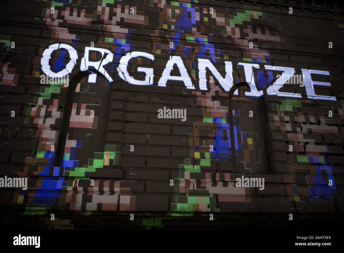 Seattle, USA. 10th Mar 2025. Artist Light Gorilla projects images of ...