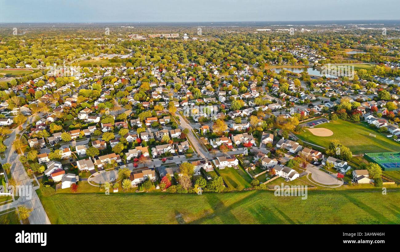 Wide Aerial View of Suburban Community. Aerial view of a sprawling ...