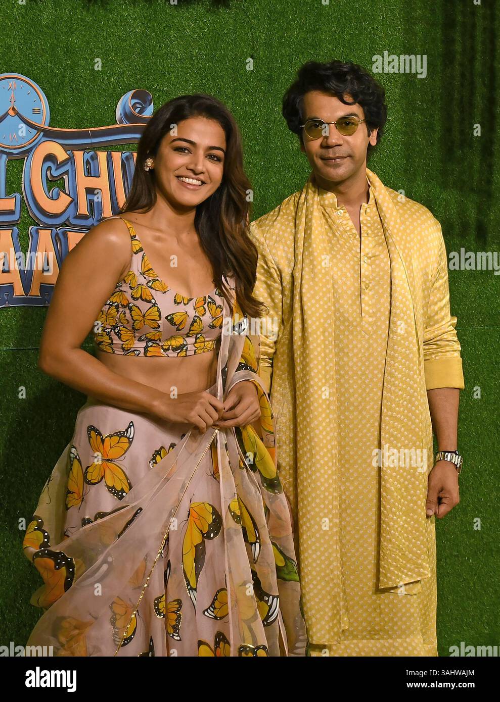Mumbai, India. 10th Apr, 2025. From (L-R) Indian film actors Wamiqa Gabbi and Rajkummar Rao pose ...