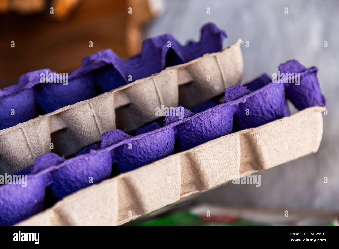 Stack of used egg trays, recycled paper containers Stock Photo - Alamy
