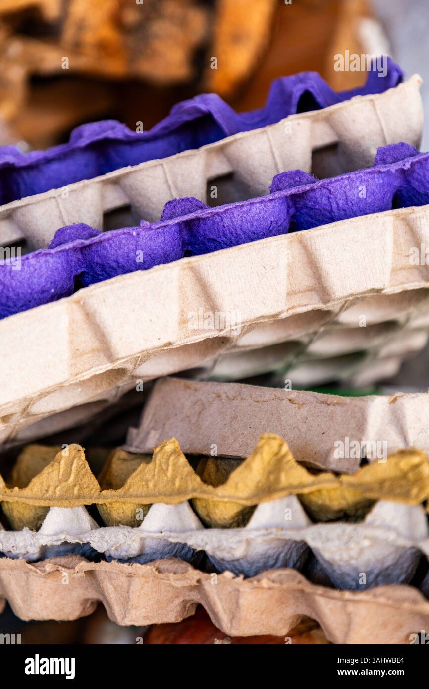 Stack of used egg trays, recycled paper containers Stock Photo - Alamy