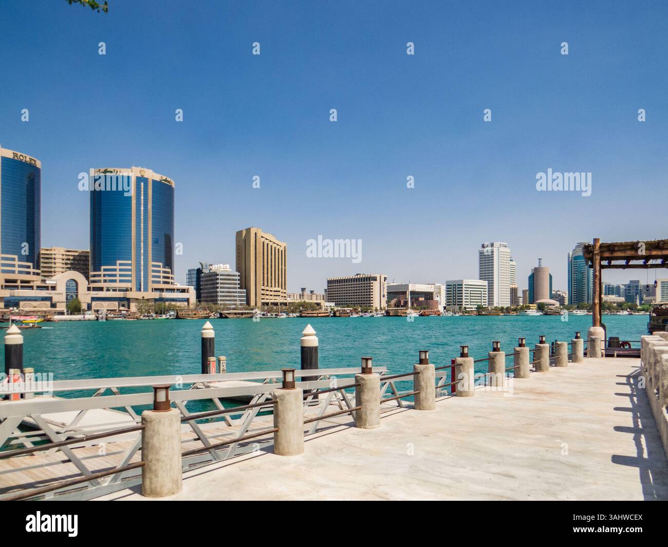 Dubai, United Arab Emirates. Dubai creek and boardwalk in Deira with ...