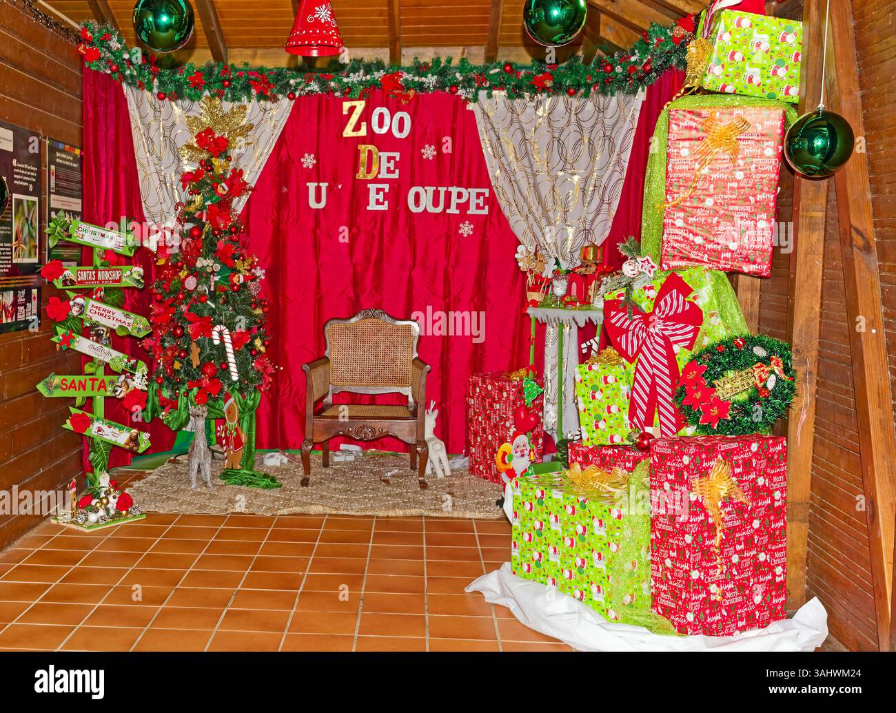 Santa's chair, Christmas decorations, wrapped gifts, colorful, festive ...