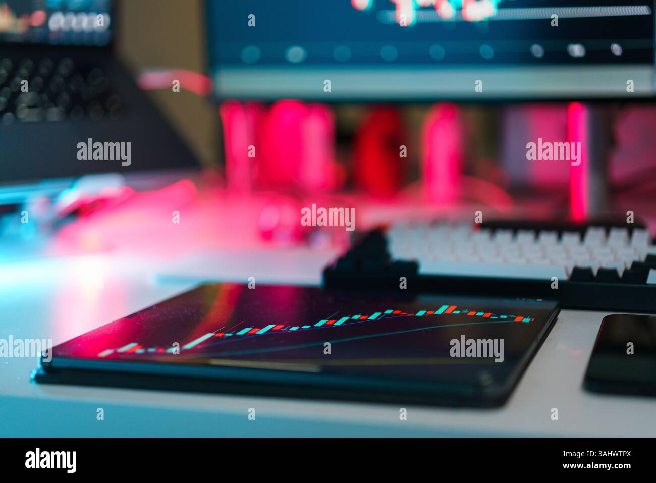Modern finance workspace with computer, tablet and trading graphs Stock ...