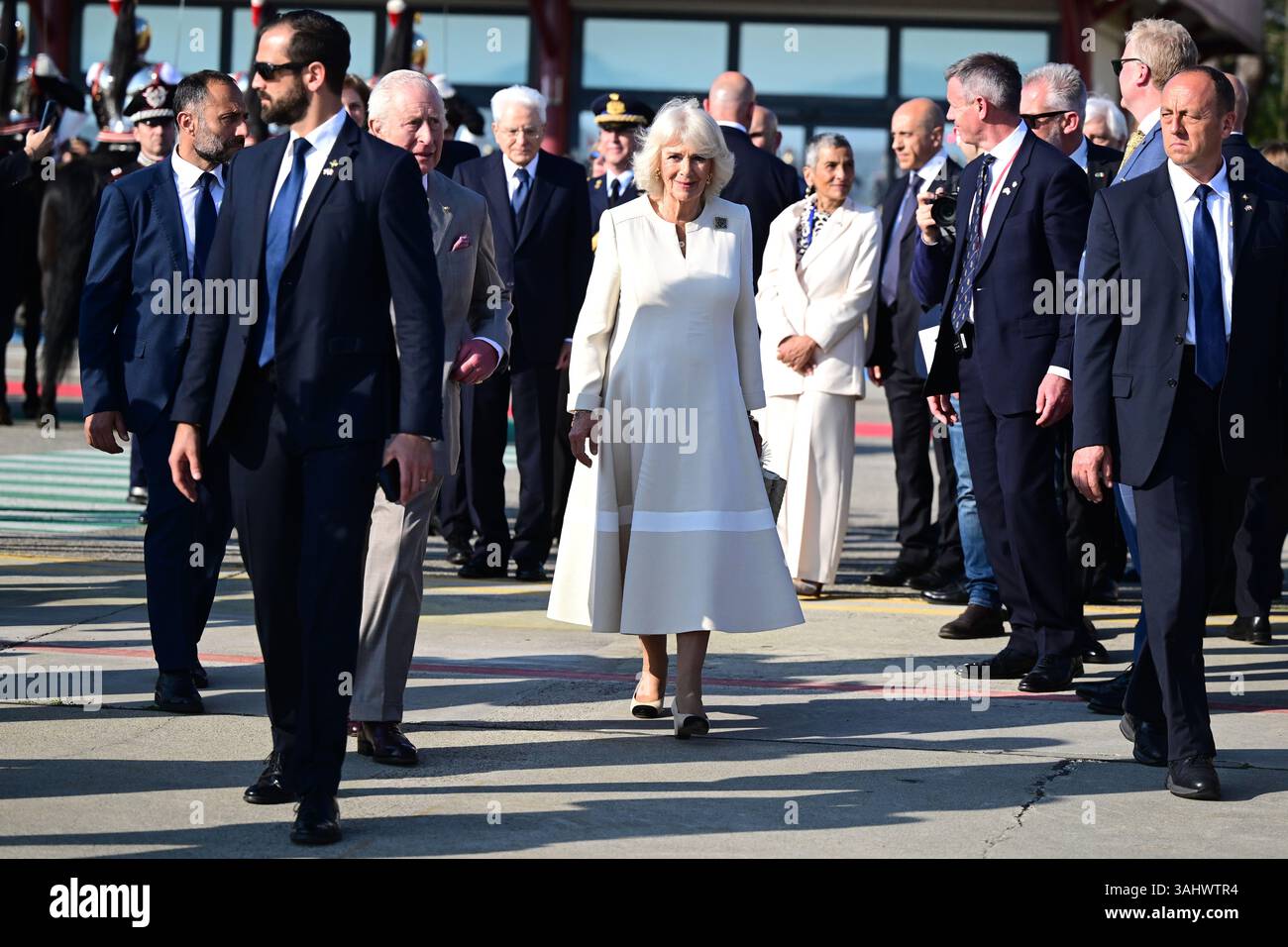 Queen Camilla as she departs from Forli Airport as they leave Italy on ...