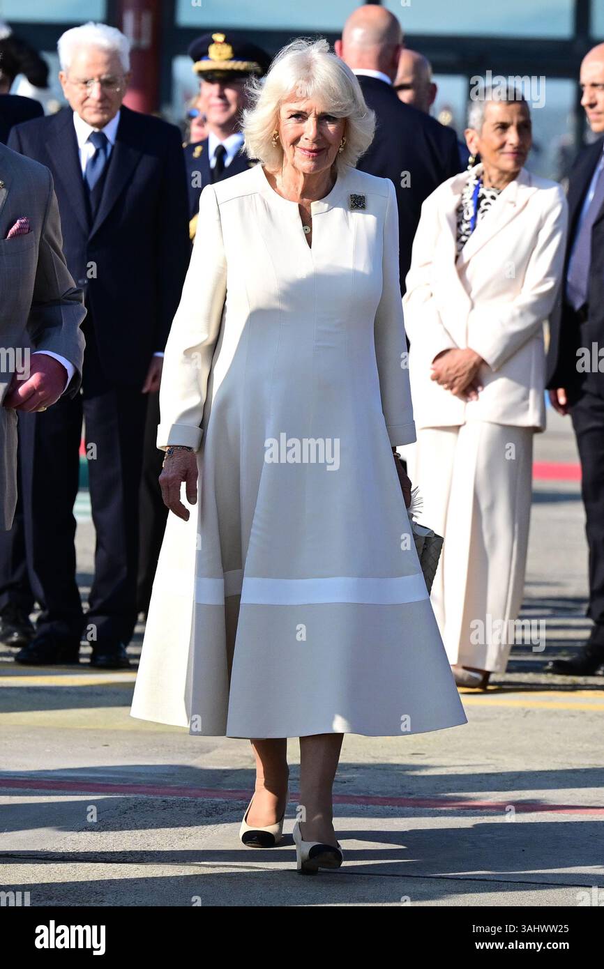 Queen Camilla as she departs from Forli Airport as they leave Italy on ...