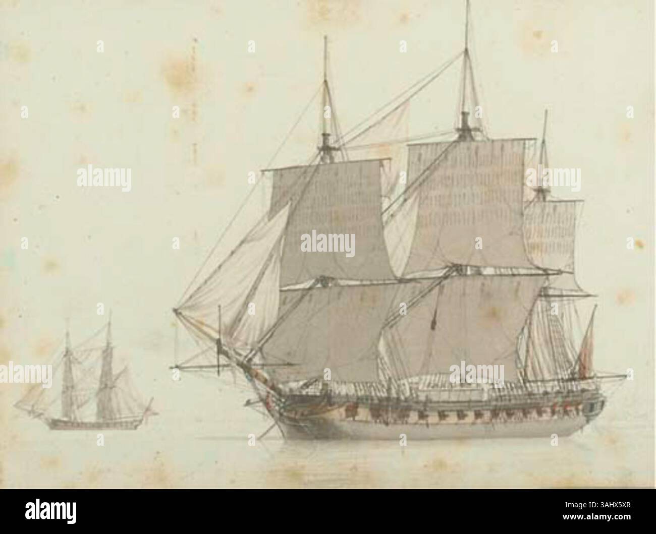 Antoine Roux’s painting depicts the HMS Trusty, a 50-gun warship ...
