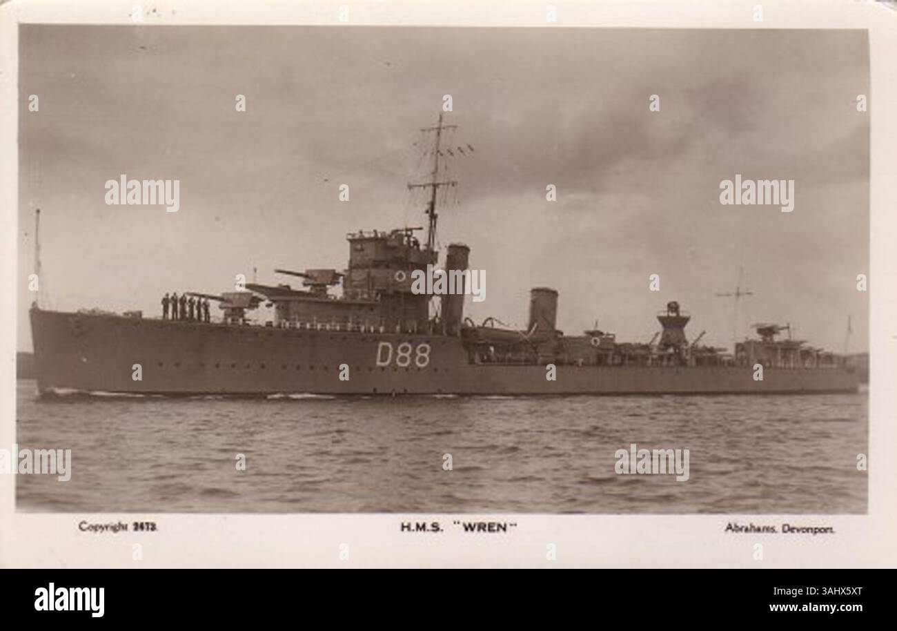 A postcard by Abraham Titleboam shows HMS Wren, a Royal Navy ship ...