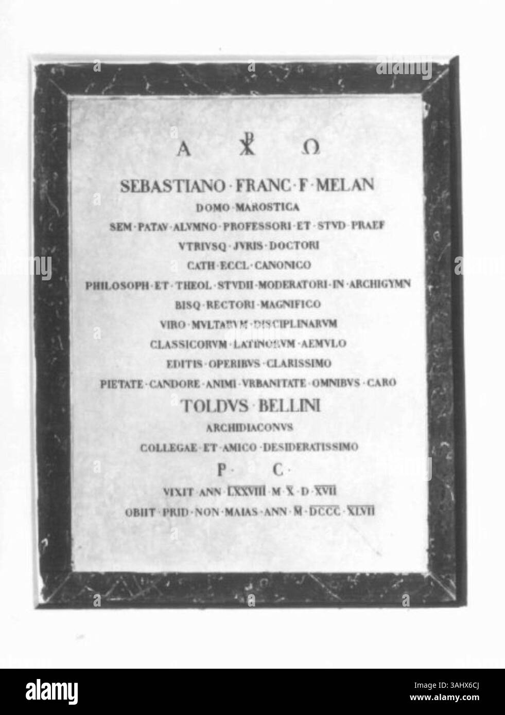 Italian plaque dedicated to Sebastiano Melan, rector, created in 1847 ...