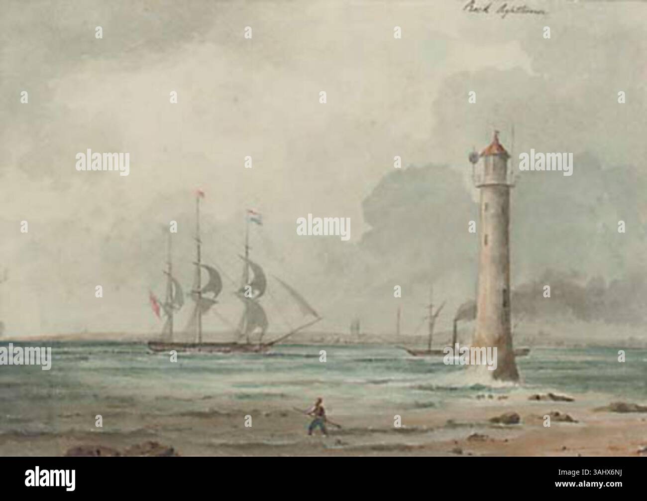 A painting of the Rock Lighthouse near Liverpool, created by Colonel ...