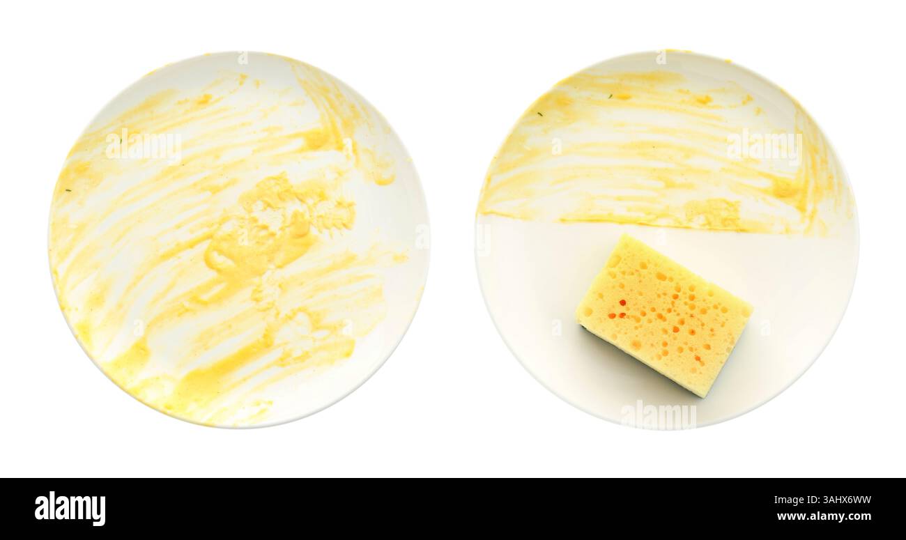 Dirty plate and sponge isolated on white, top view. Washing dish ...