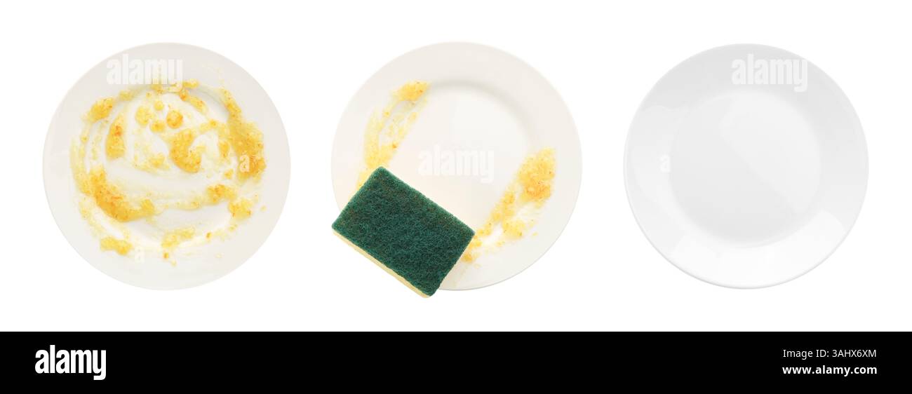 Washing dish process. From dirty to clean plate on white background ...