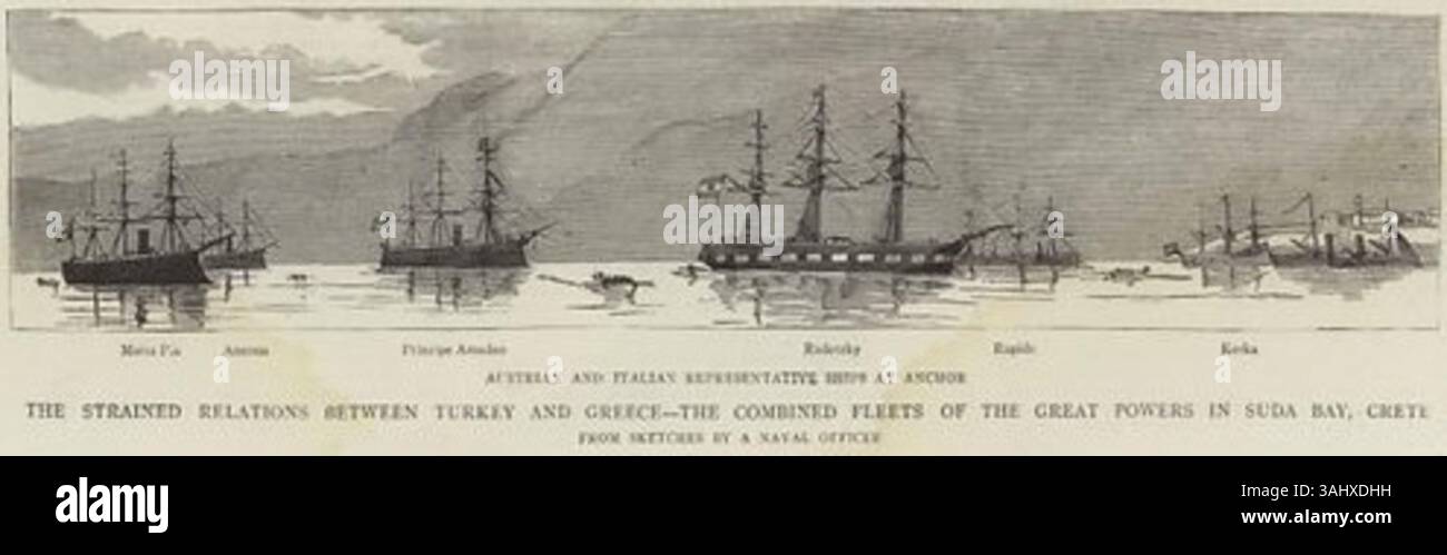 The illustration depicts Austrian and Italian ships at anchor in Suda ...