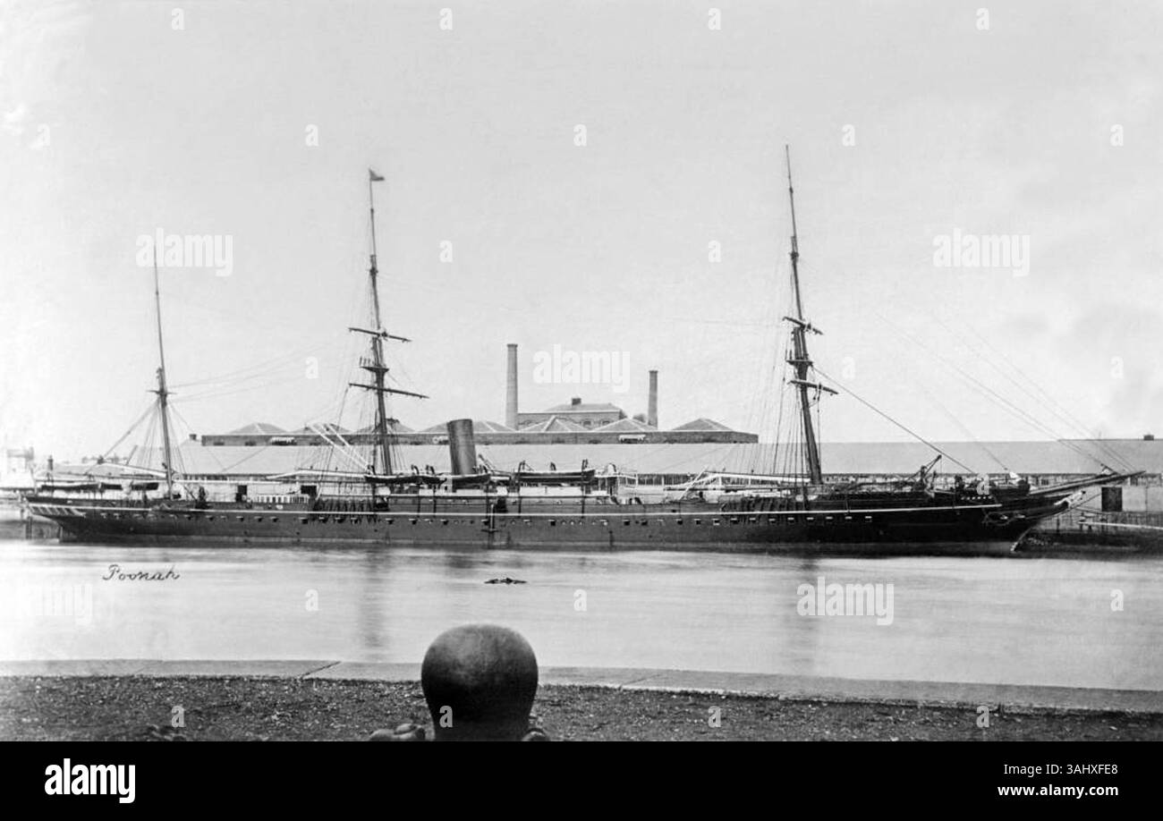 The image depicts the P&O steamer 'Poonah' at Southampton around 1875 ...