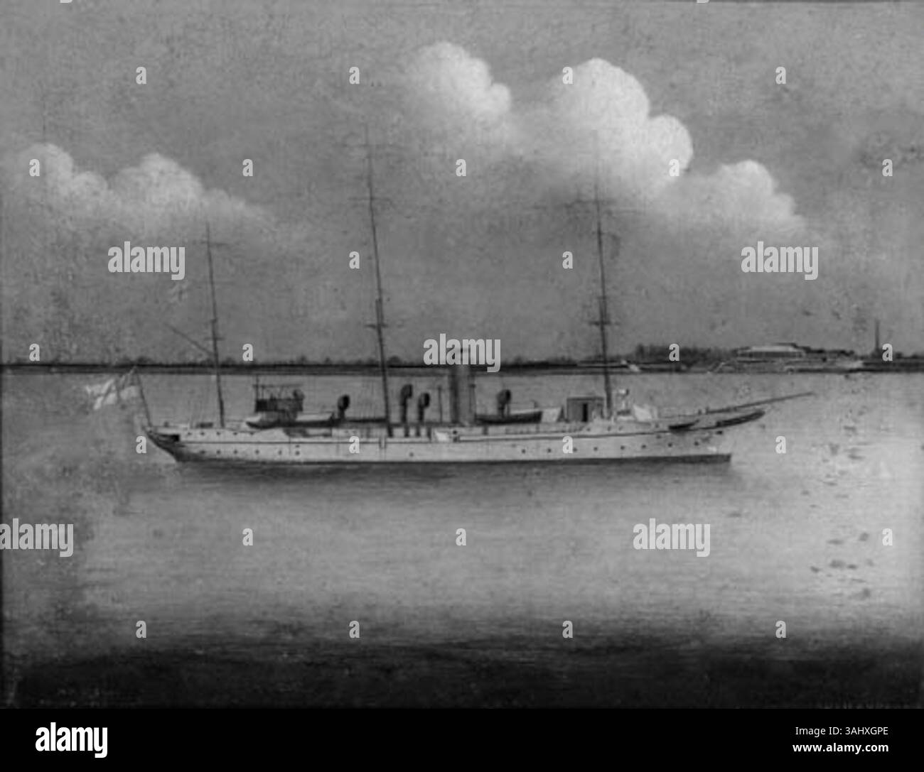 The 1910 painting of the British warship H.M.S. Clio in tropical rig ...