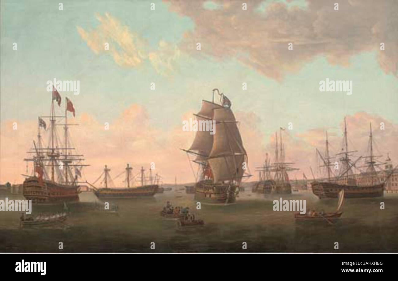 This 18th-century oil painting by Thomas Elliott depicts a 74-gun third ...