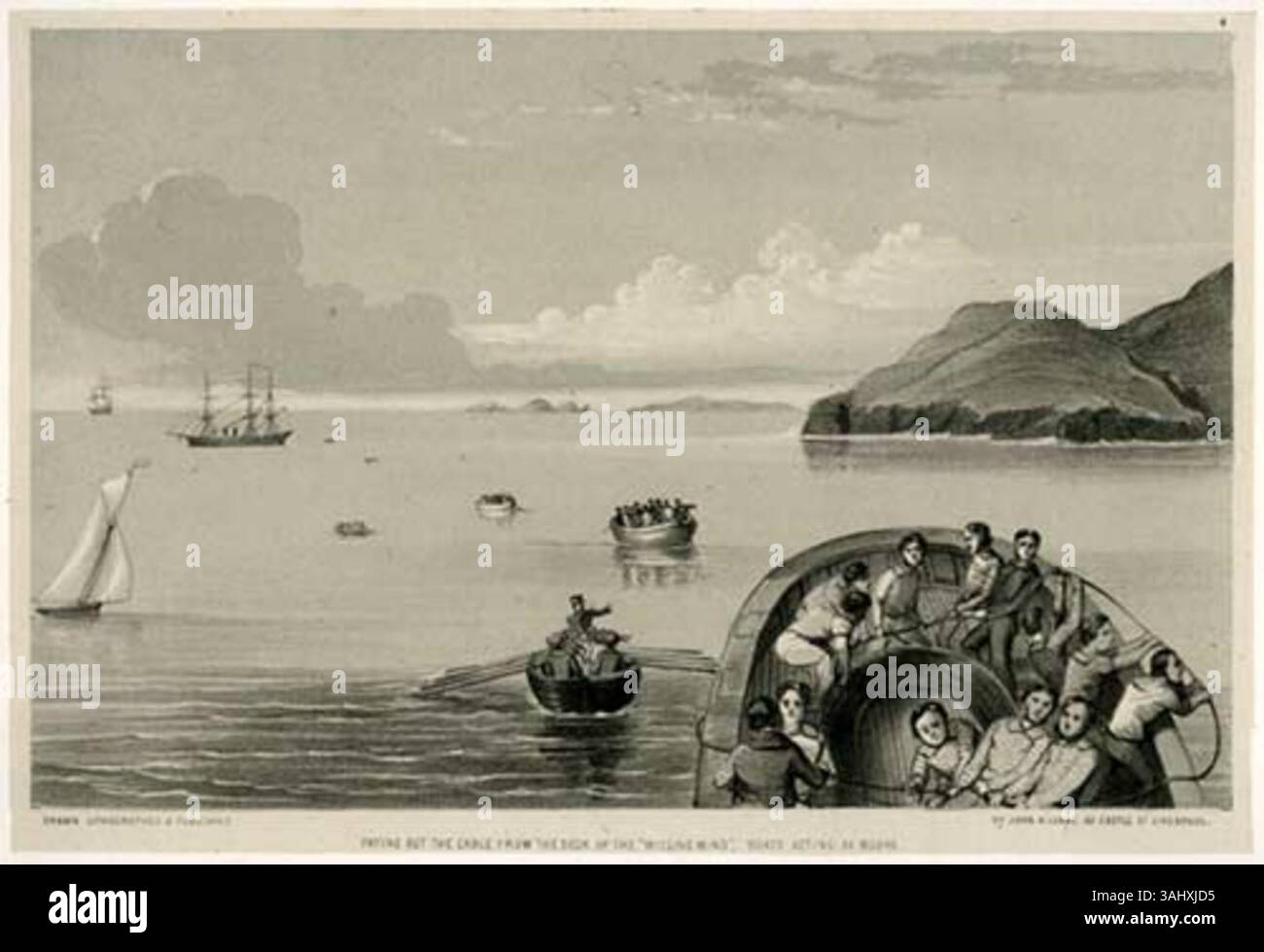 Lithograph from 1857 depicting the process of laying the Atlantic ...