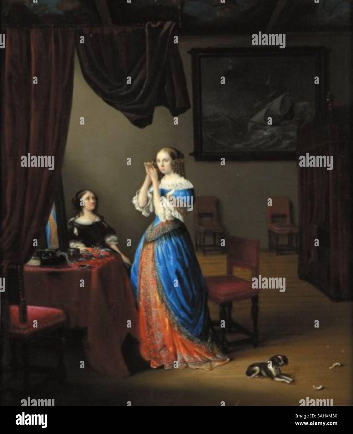 This painting by Eglon van der Neer depicts a young woman admiring ...