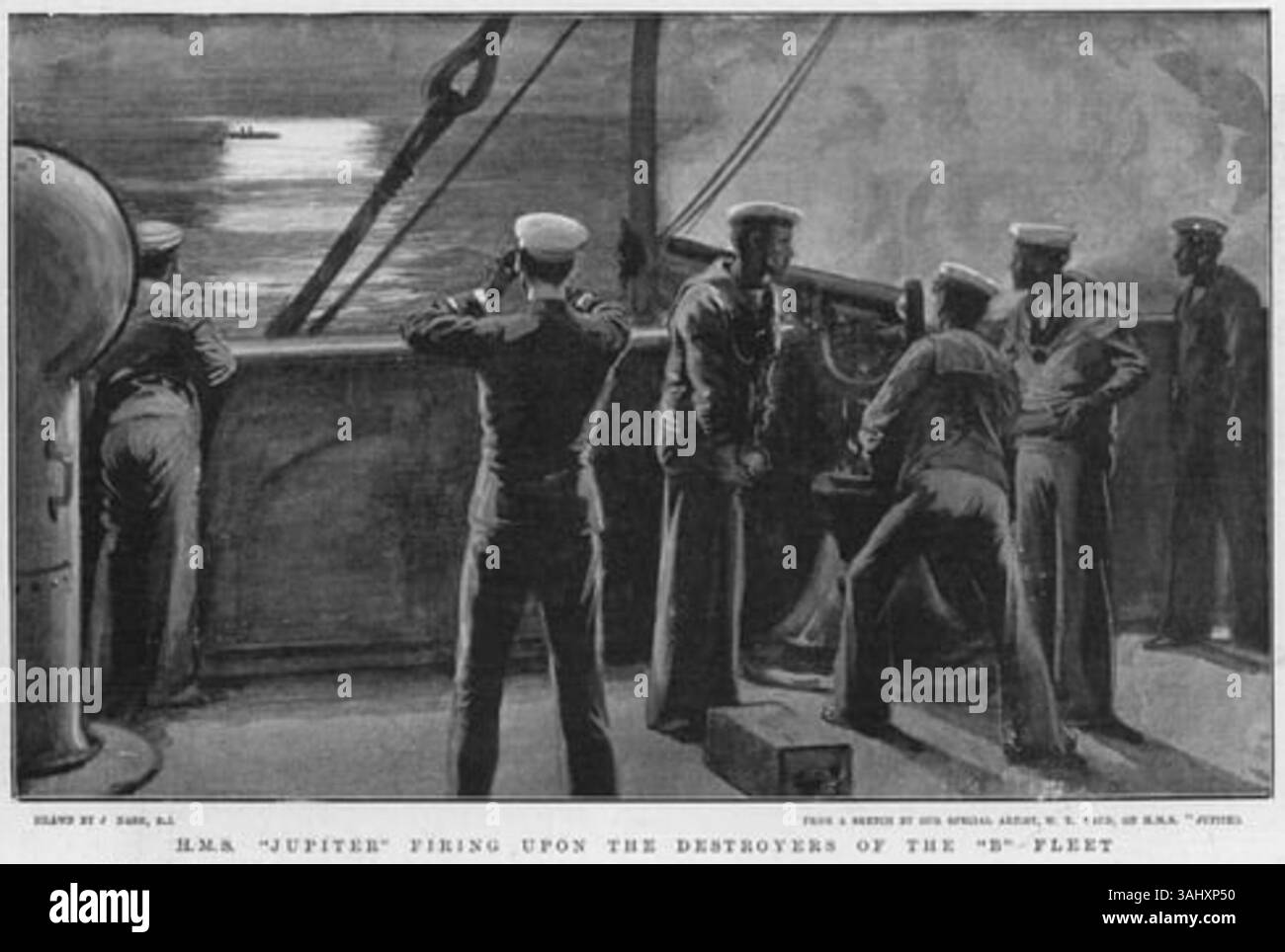 This wood engraving shows HMS Jupiter firing on the destroyers of the B ...