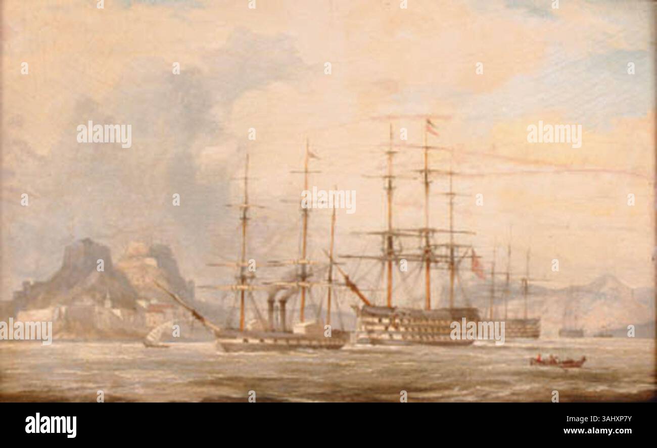 This 19th-century painting depicts the HMS Princess Royal under tow by ...