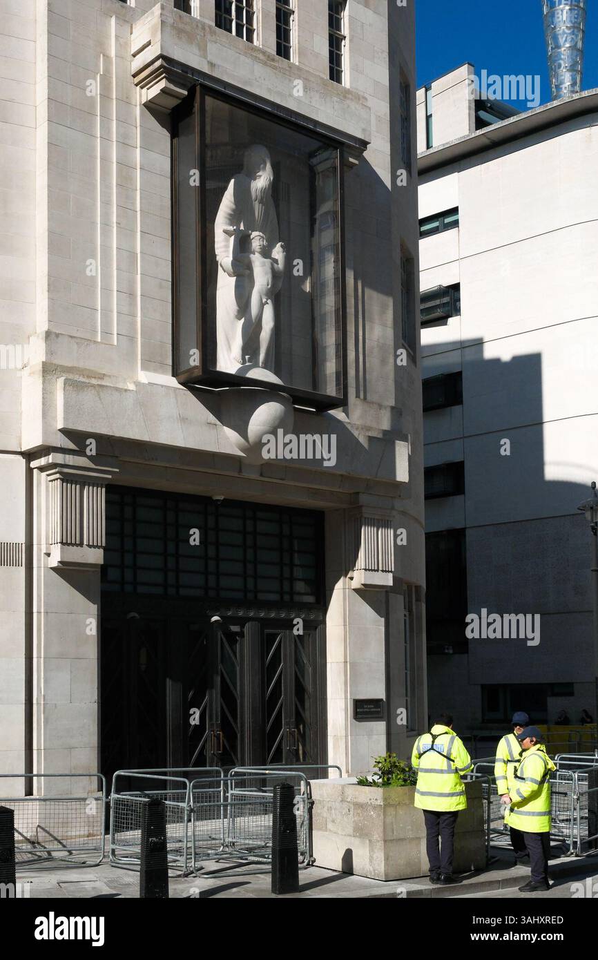 BBC, Broadcasting House, London, UK. 10th Apr 2025. Restored sculptures ...