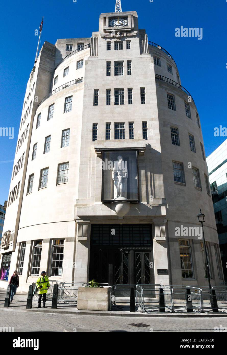 BBC, Broadcasting House, London, UK. 10th Apr 2025. Restored sculptures ...