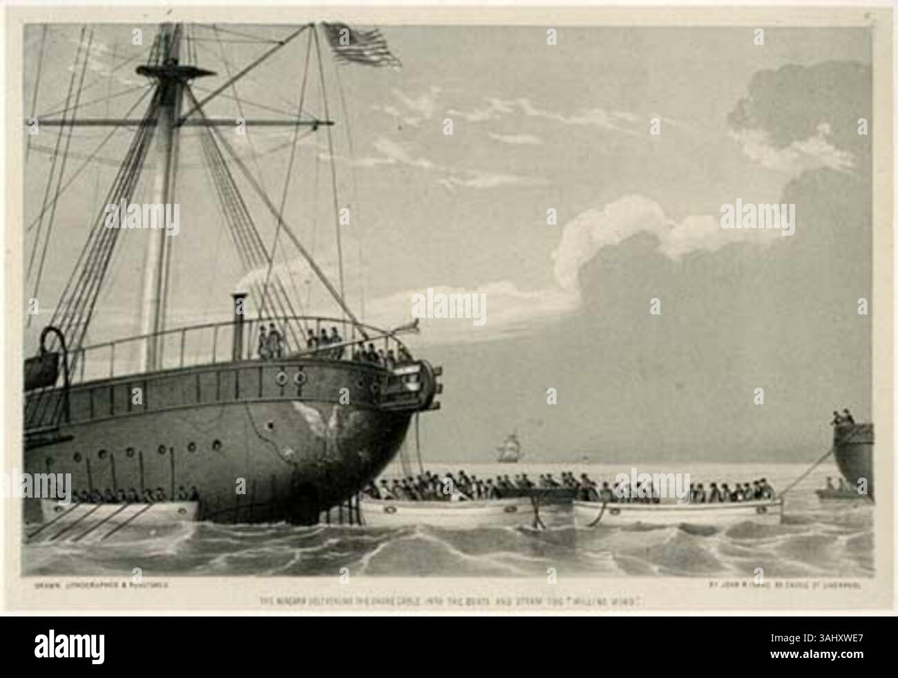 Lithograph from 1857 showing the ship 'Niagara' delivering the shore ...