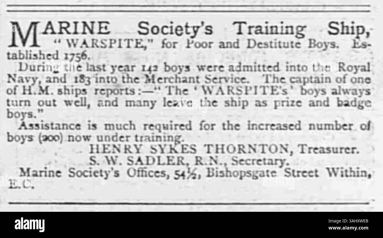 This 1872 advert for the Marine Society's Training Ship 'Warspite ...