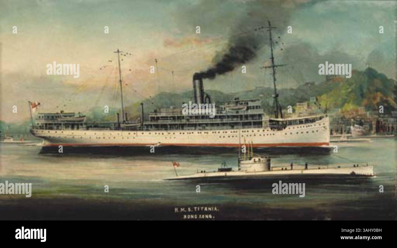 A painting of the H.M.S. Titania and submarine L5 off Hong Kong in the 1920s, depicting the ...