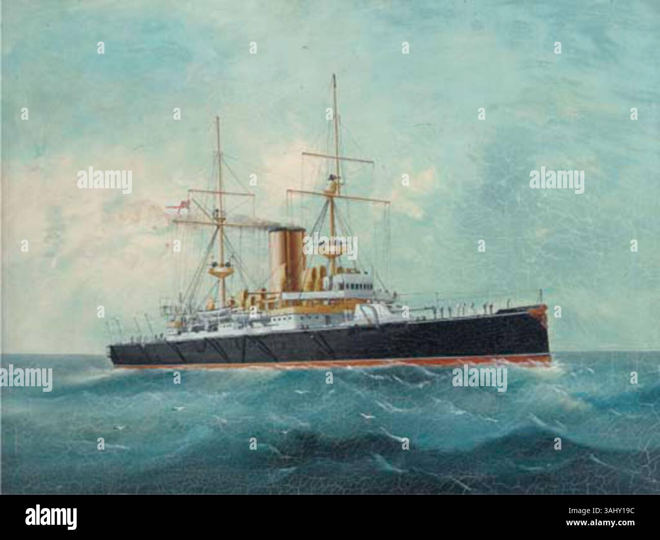 This 1898 painting depicts the British battleship H.M.S. Barfleur ...