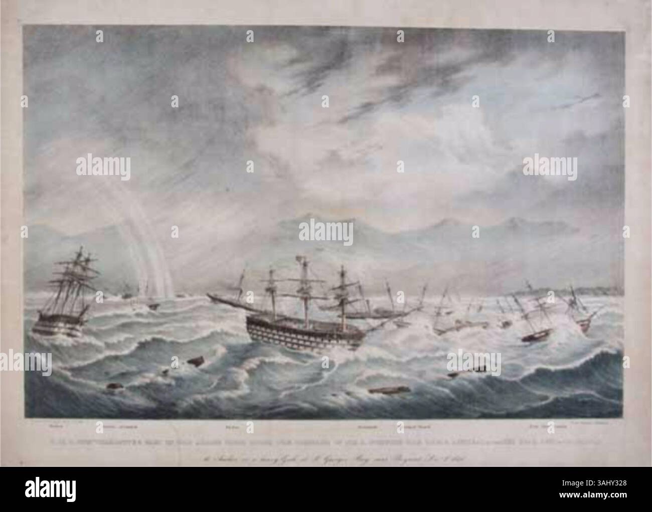 This lithograph portrays the H.M.S. Princess Charlotte and the Allied ...