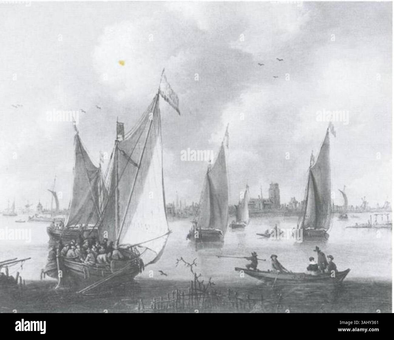 This anonymous 17th-century Dutch painting, 'Harbour Scene,' portrays a ...