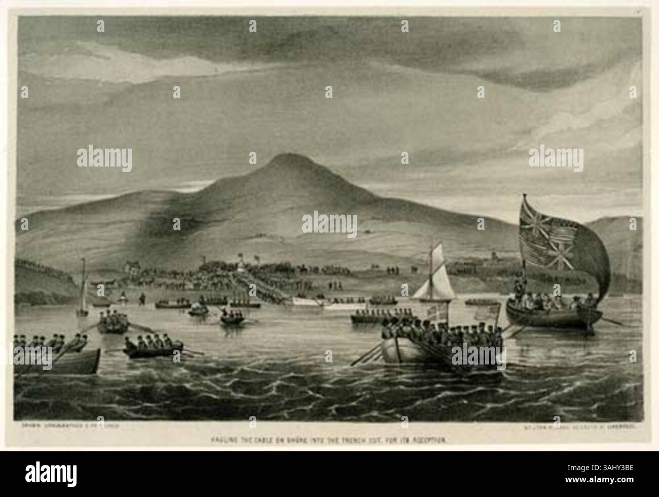 1857 lithograph illustrating the process of hauling the Atlantic ...