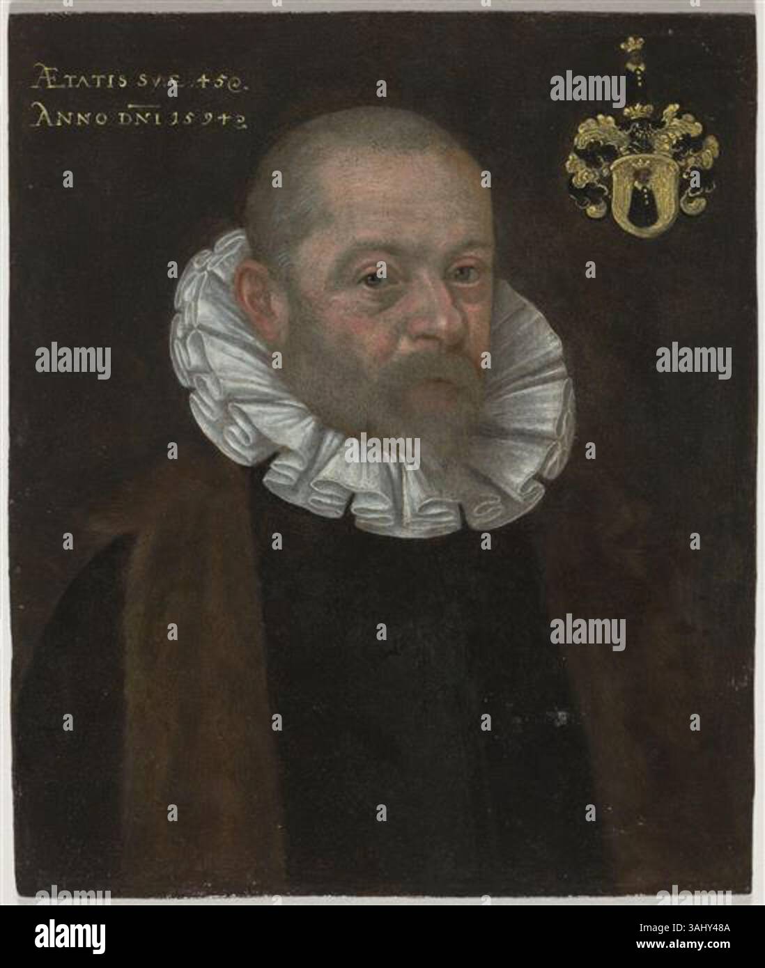 This 1594 portrait, attributed to an anonymous Flemish artist, shows a man in a formal pose. The ...