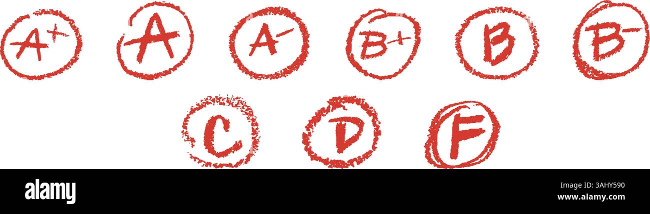 Vector illustration of school grades (A to F) drawn with a crayon ...