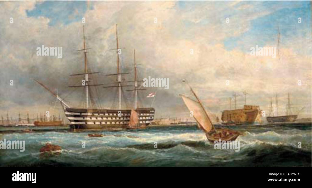 This 1883 oil painting by George Gregory depicts HMS Victory moored in ...