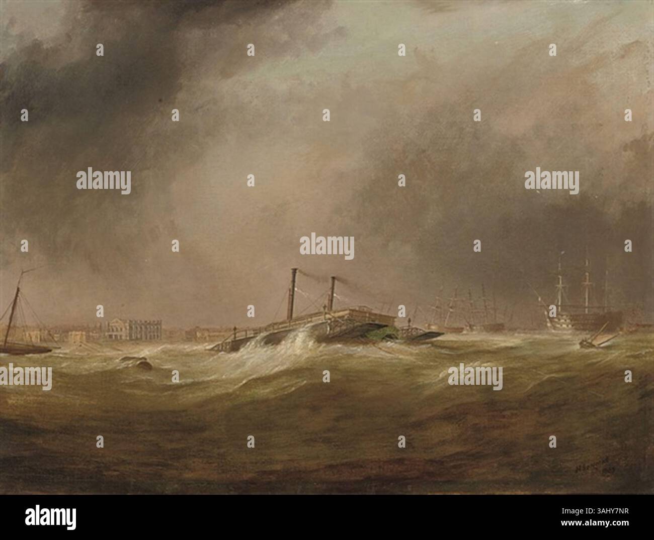 This 1889 painting by Henry Sargeant depicts the Portsmouth chain ferry ...