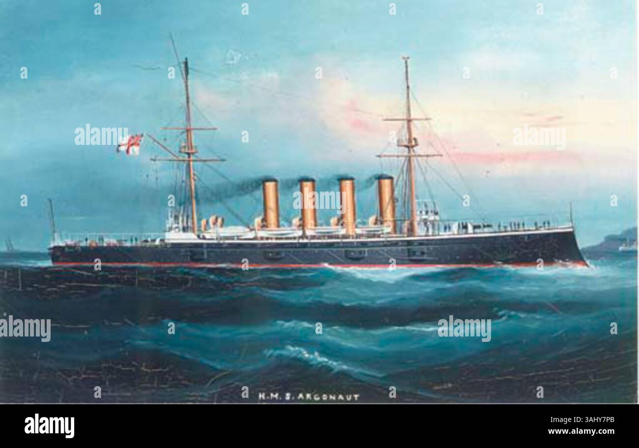 A painting depicting the first-class protected cruiser H.M.S. Argonaut ...