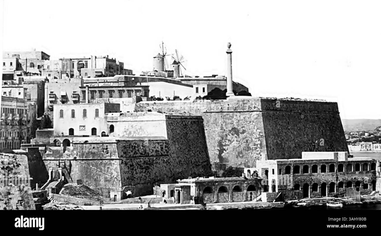 A detailed view of St. Andrew's bastion in Valletta, Malta, painted by ...