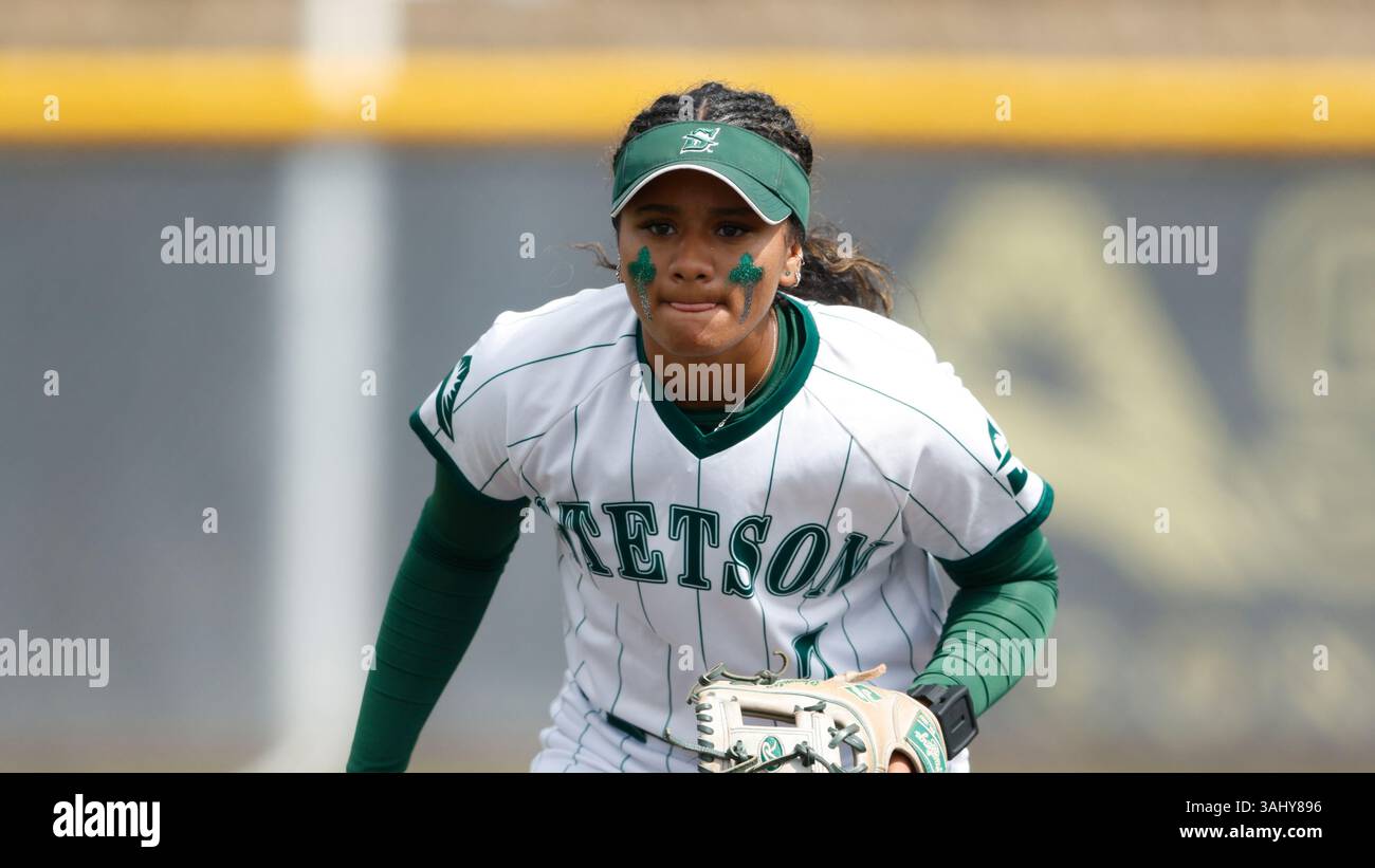 Stetson infielder Amber Chumley plays against Queens during an NCAA ...