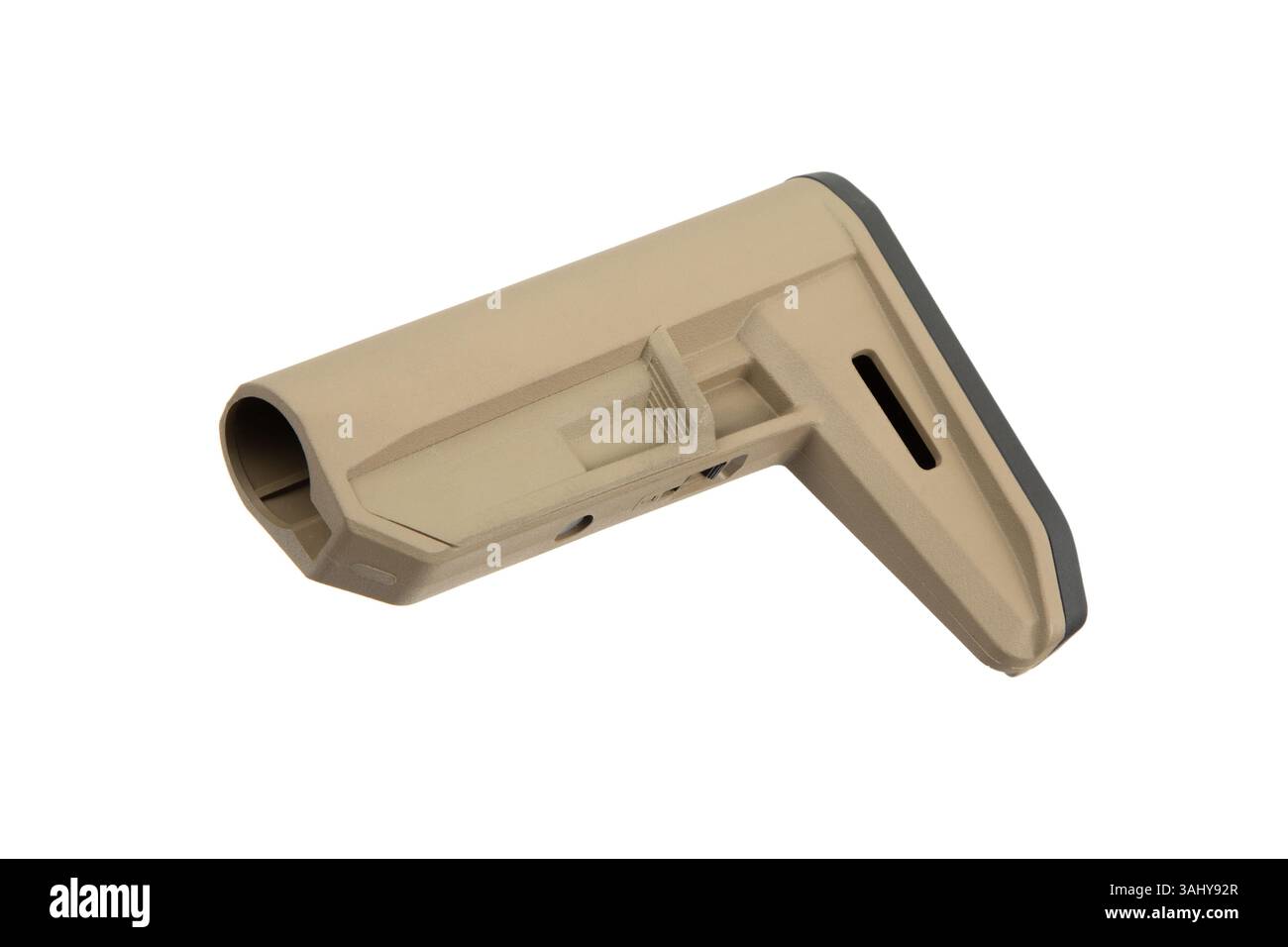 A tan-colored, polymer rifle stock with a minimalist design, featuring ...