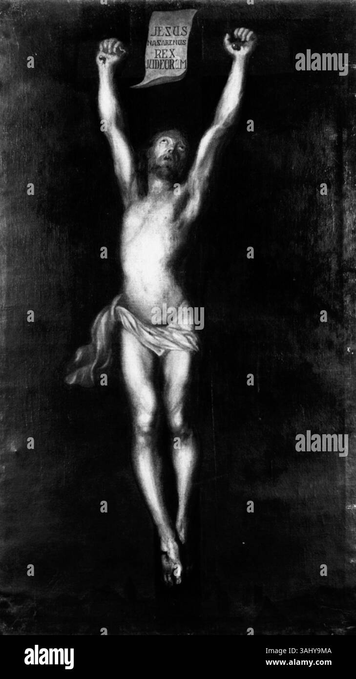 This oil on canvas painting, in the manner of Peter Paul Rubens, depicts Christ on the cross ...