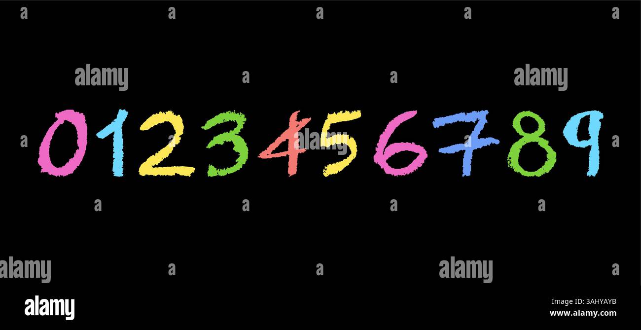 Colorful numbers 0-9, hand-drawn in a wax crayon or pastel style ...