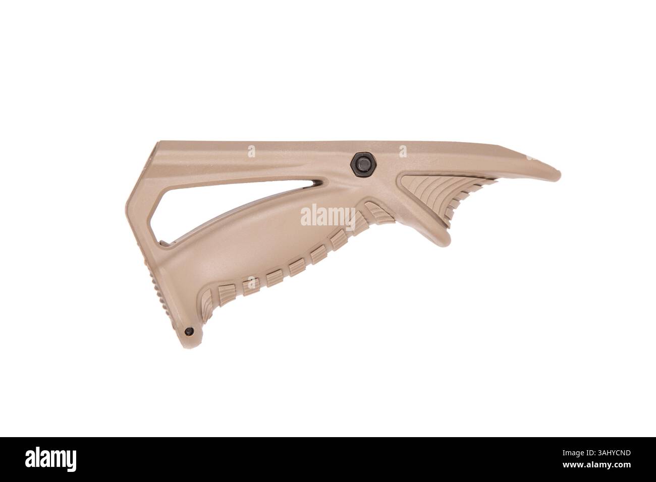 A tan-colored tactical foregrip designed for firearms, featuring an ...