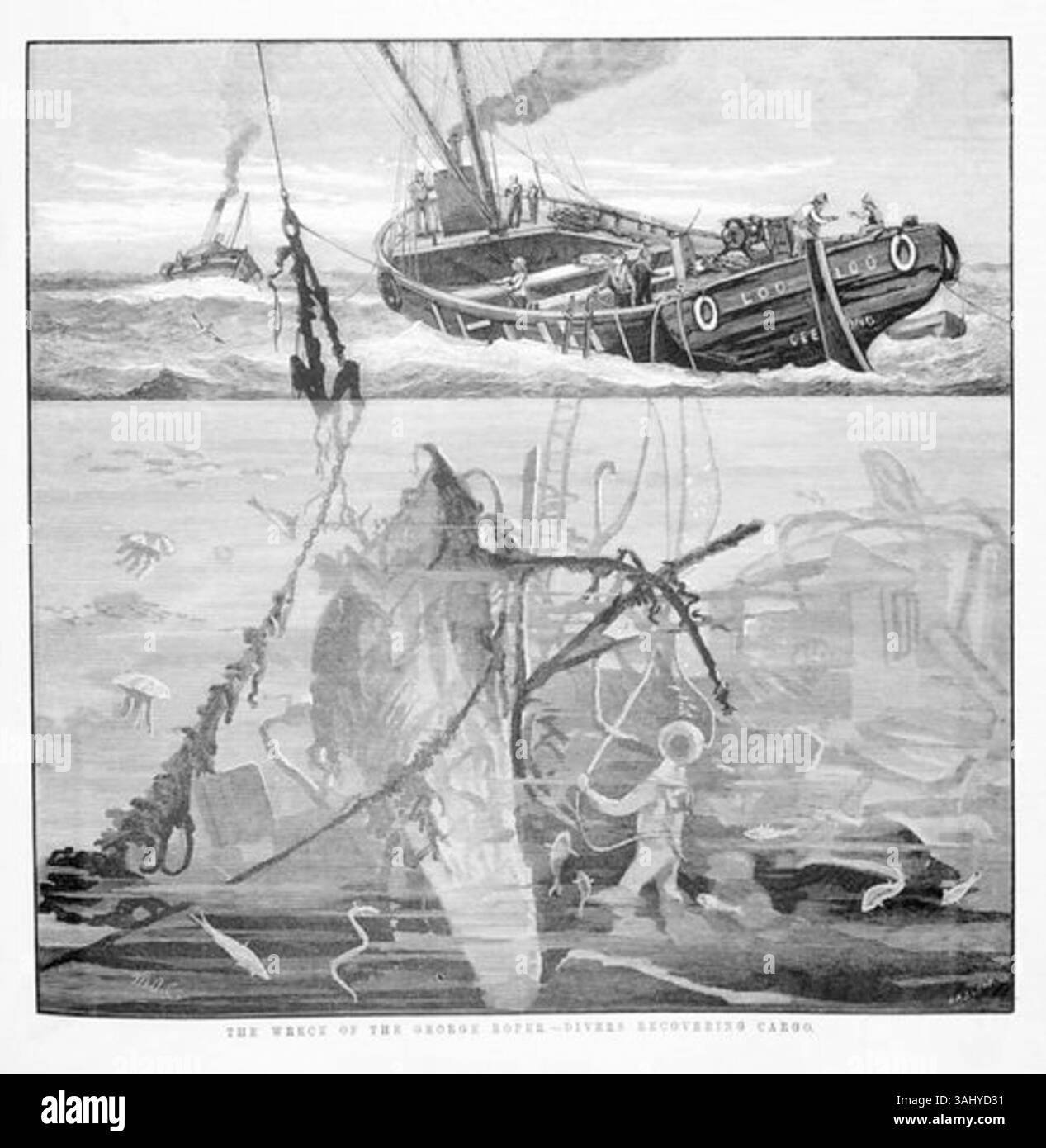 The illustration shows the wreck of the 'George Roper', a ship that ...