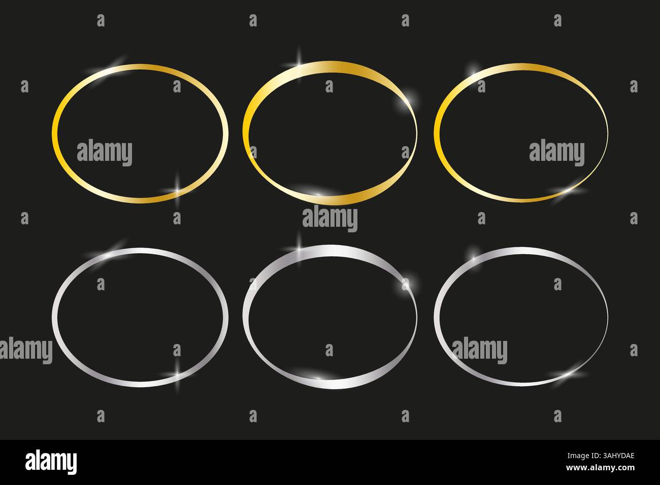 Golden oval frames. Shiny silver rings. Sparkling black background. Vector metallic outline ...