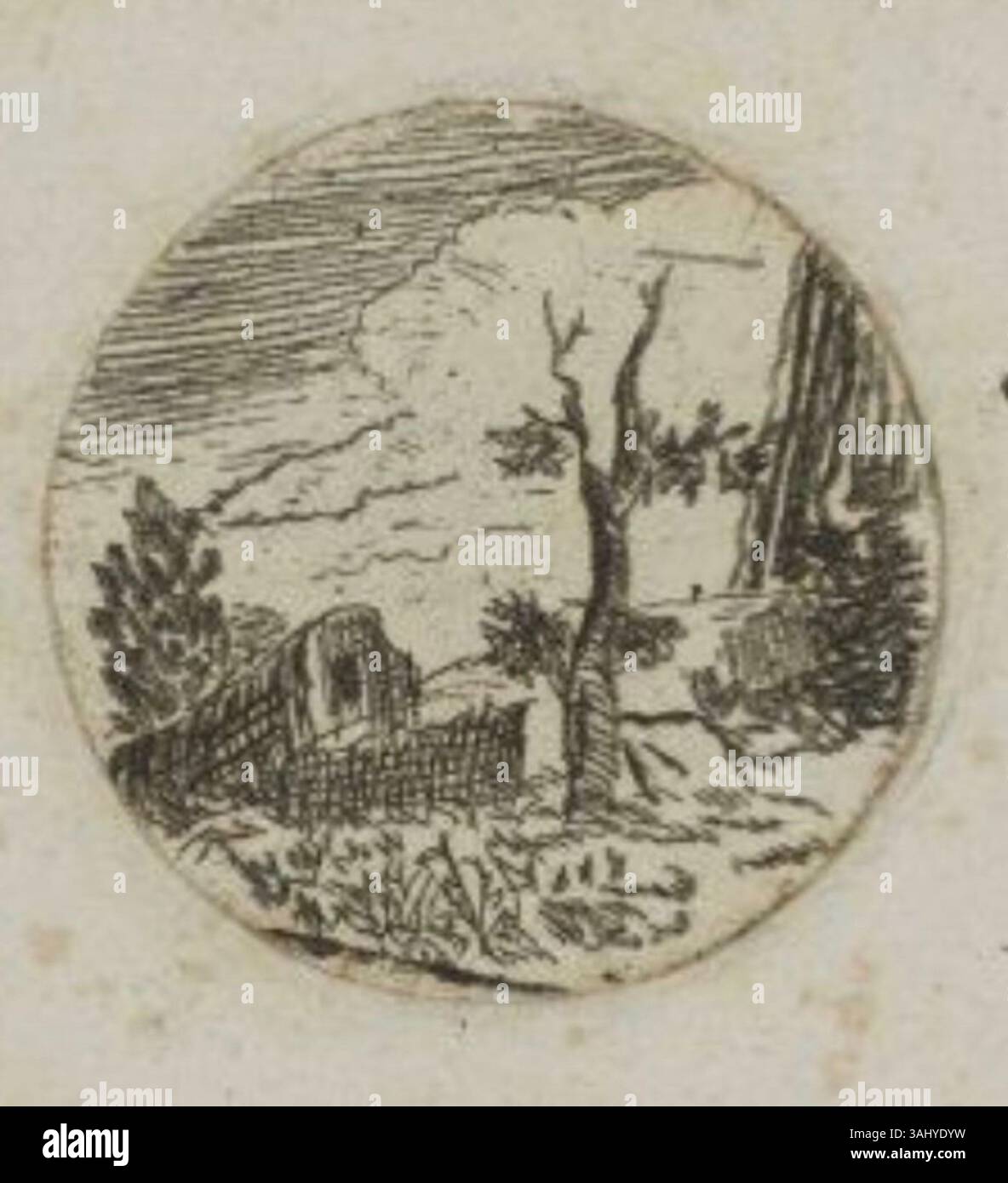 Caspar David Friedrich's etching 'Landschaft mit dürren Baum im Rund ...