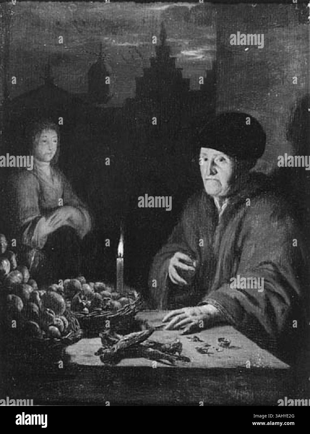 A genre painting by a follower of Gerrit Dou, featuring a vegetable ...